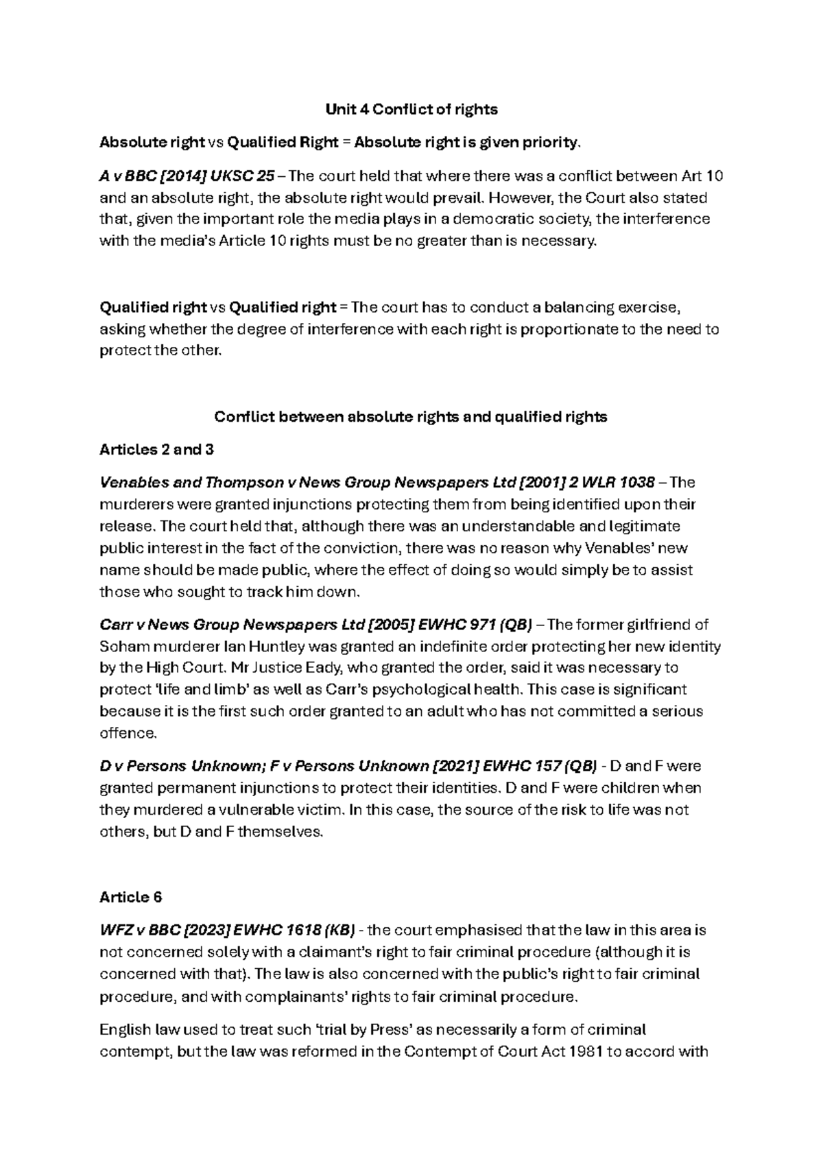 Unit 4 Conflict of rights - Unit 4 Conflict of rights Absolute right vs ...
