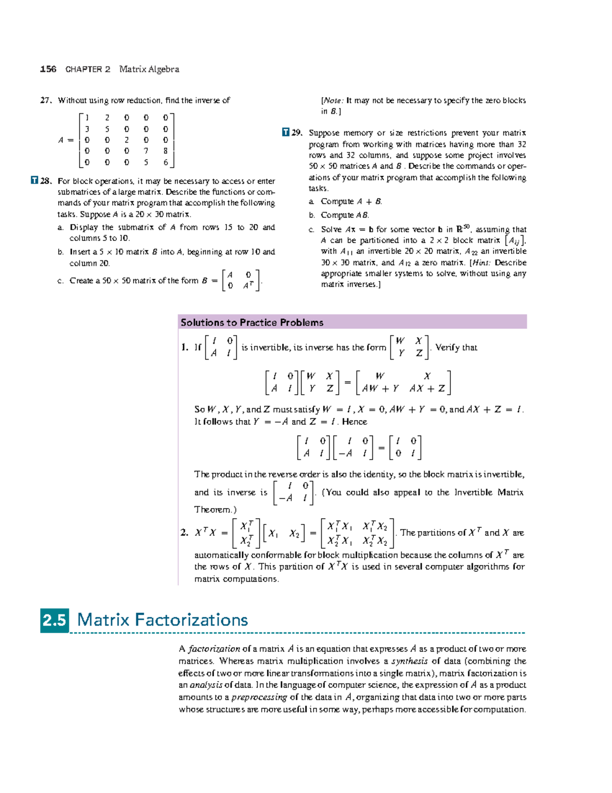 2.5 Matriz Factorizations (2021)-157-166 - 156 CHAPTER 2 Matrix Algebra 27. Without using row ...