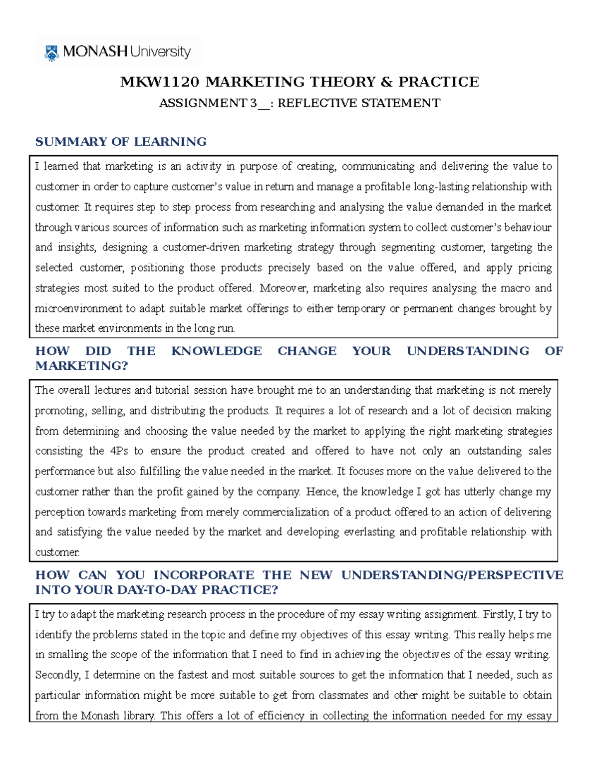 MKW1120 Marketing Theory Practice Assignment 3A 31988466 Joycelyn ...