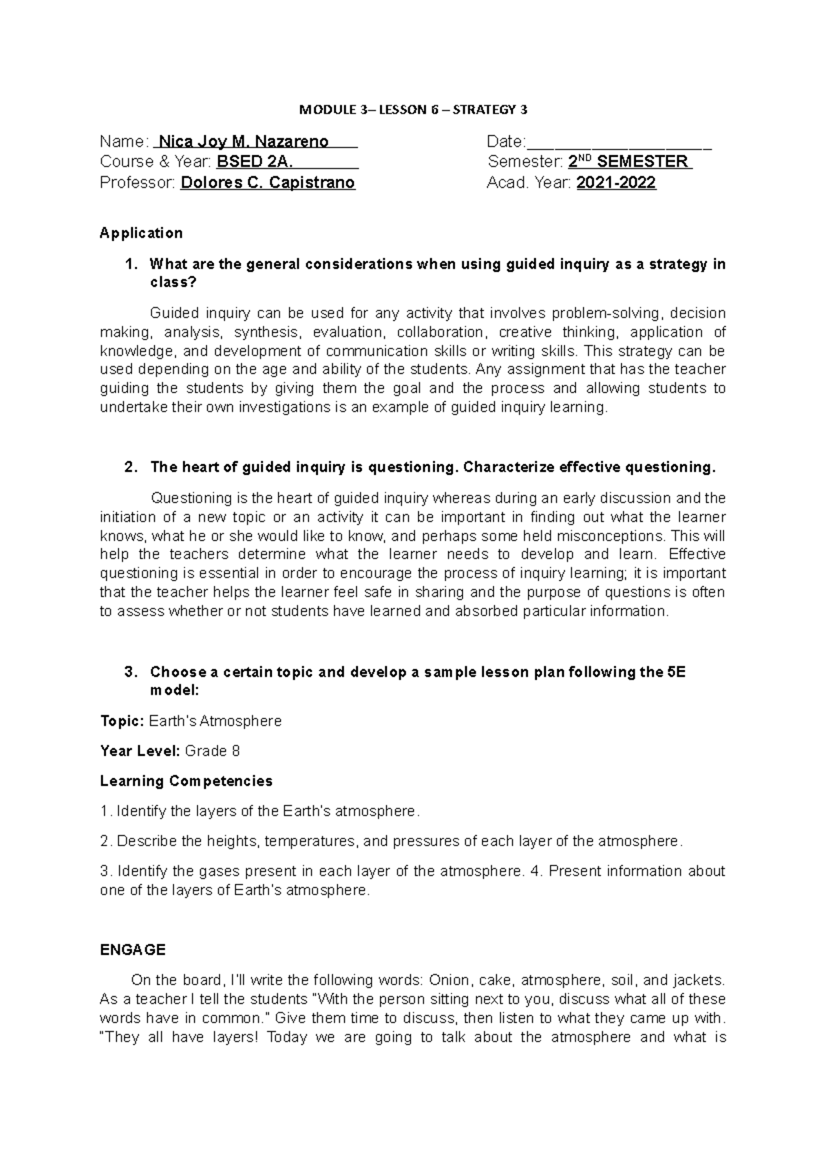 Lesson 6 Stategy 3- Nazareno, Nica Joy BSED 2A - MODULE 3– LESSON 6 ...