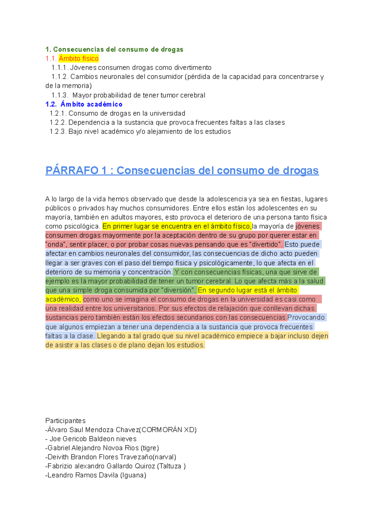 Actividad conectores - 1. Consecuencias del consumo de drogas Ámbito físico 1.1. Jóvenes ...