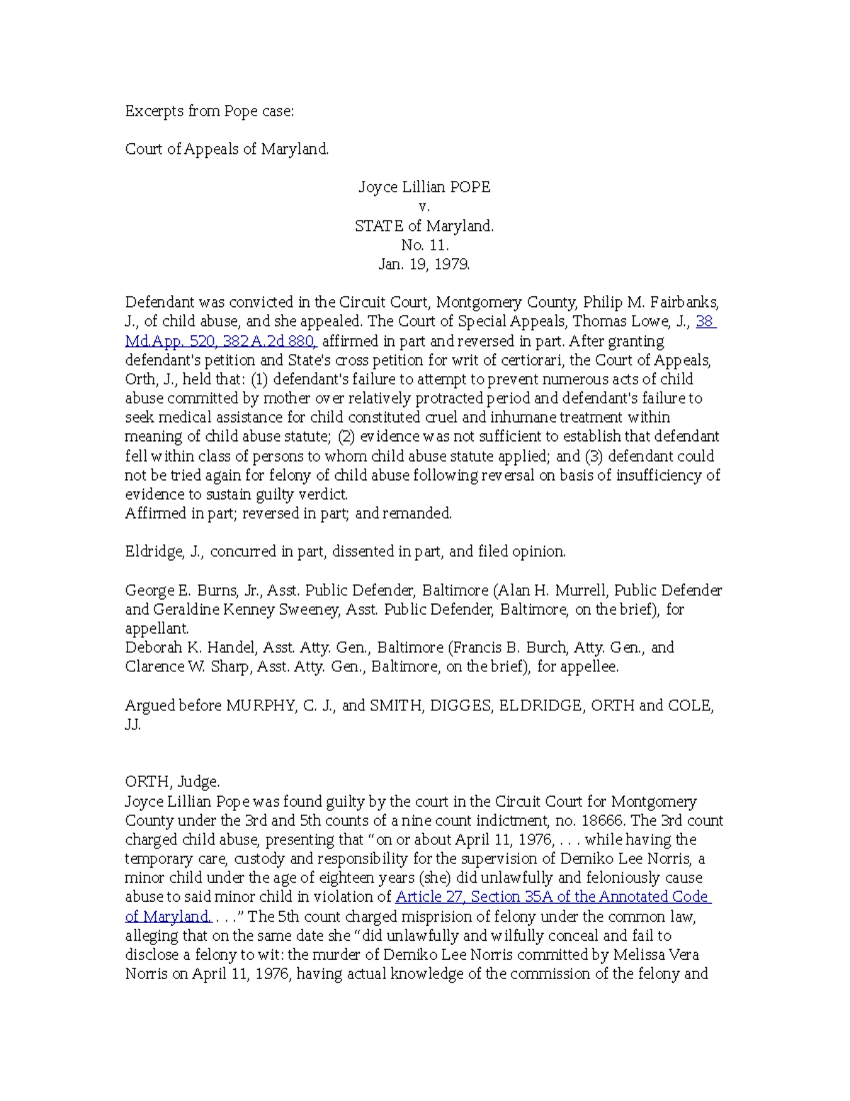 Pope case - Joyce Lillian POPE v. STATE of Maryland. No. 11. Jan. 19 ...