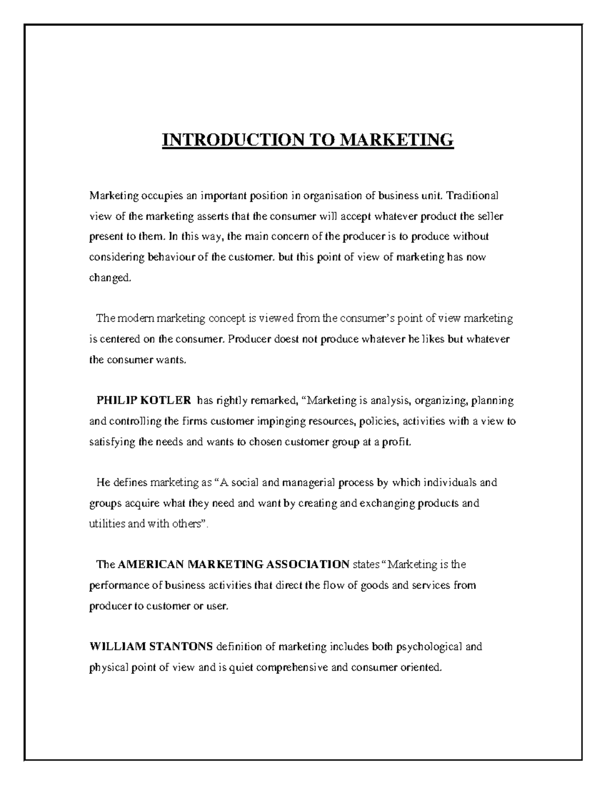 Mar - INTRODUCTION TO MARKETING Marketing occupies an important ...