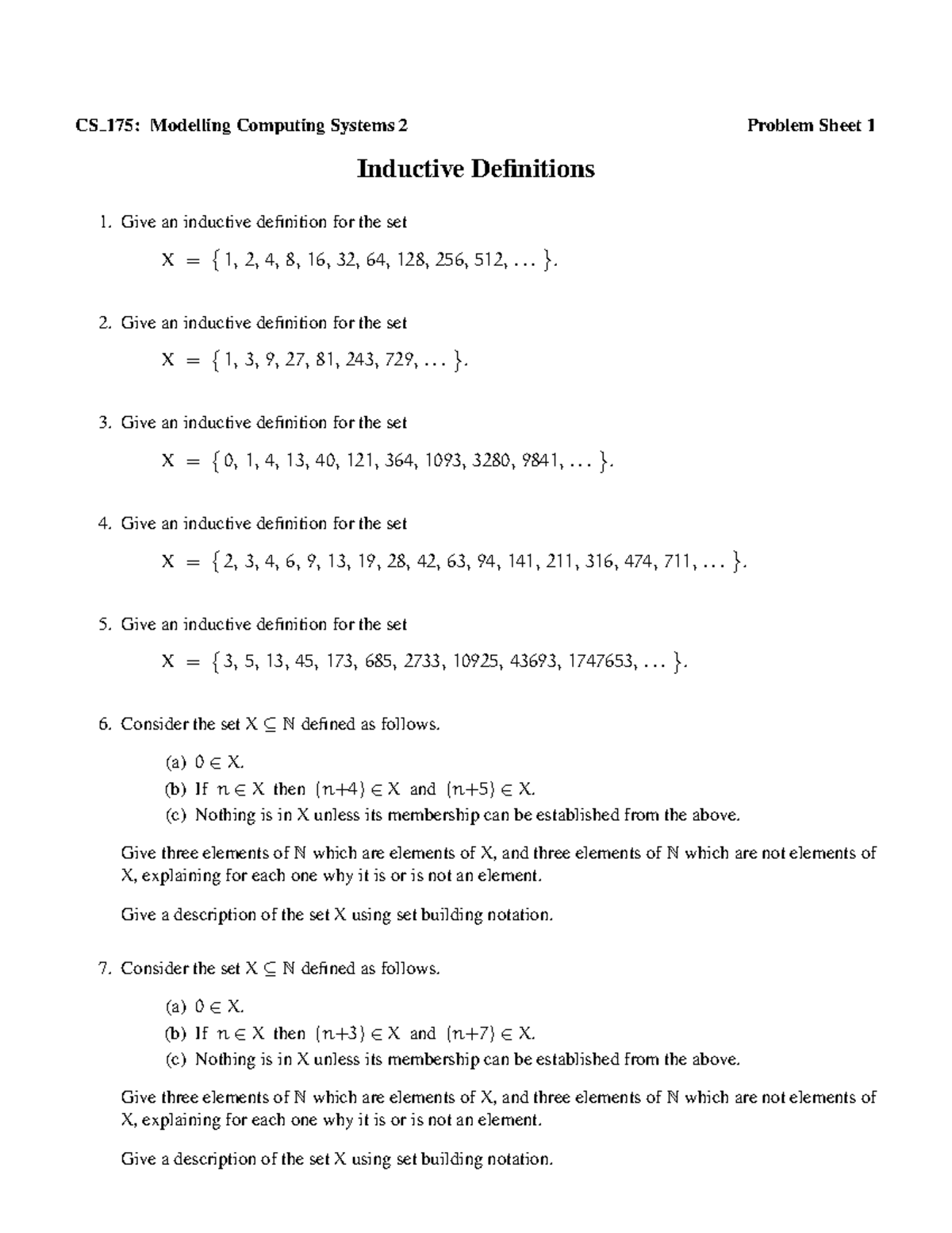 Problem-Sheet-1 - past paper - CS 175: Modelling Computing Systems 2 Problem Sheet 1 Inductive ...