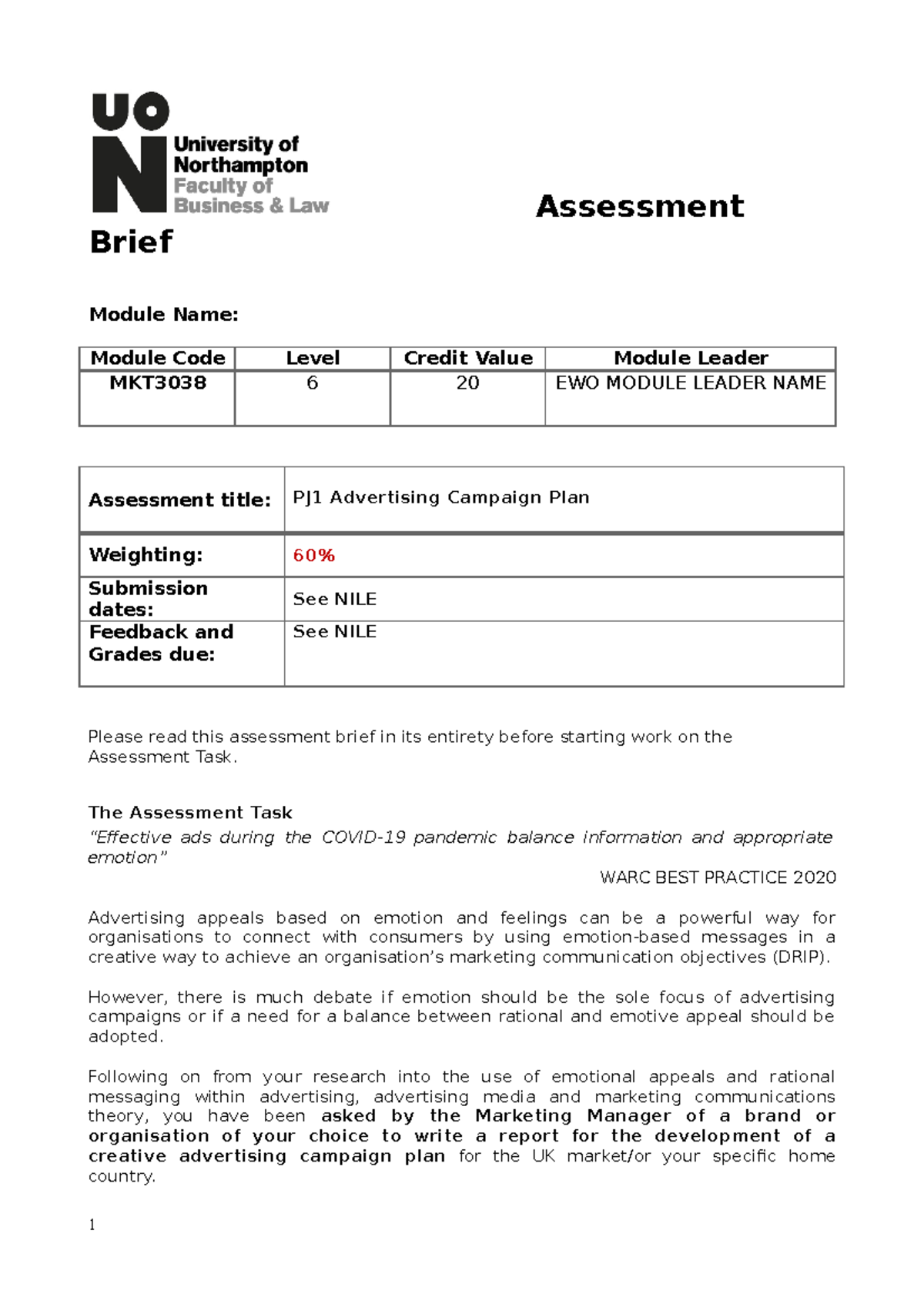 PJ1 Assessment Brief - Assessment Brief Module Name: Module Code Level ...