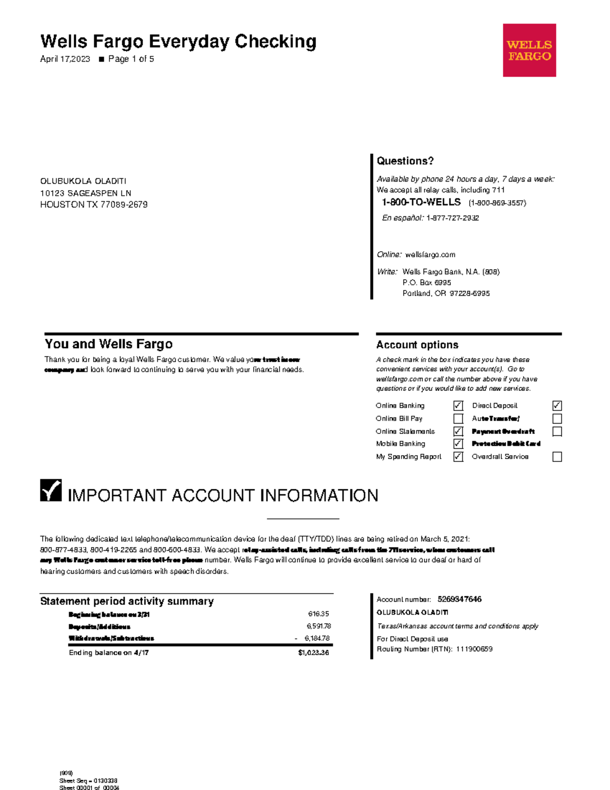 Wellsstatement 1 - Financial docs - Wells Fargo Everyday Checking April ...
