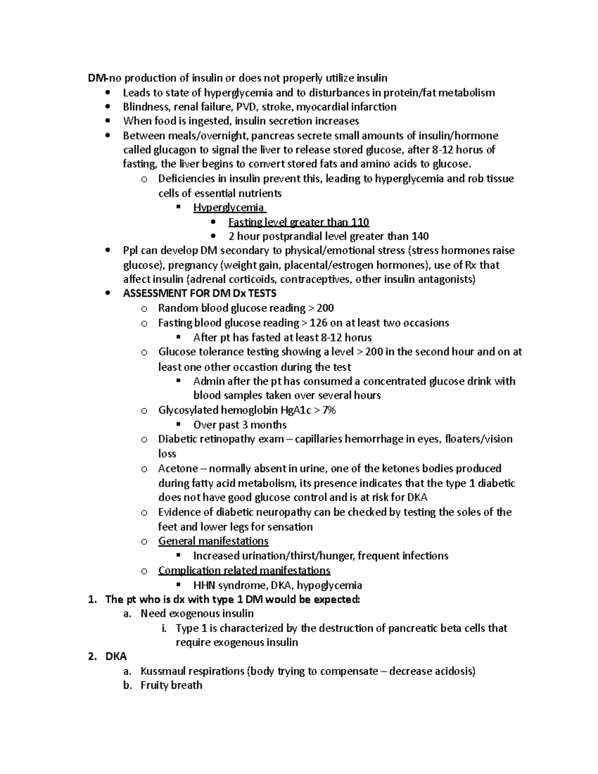 DM Prep U Notes - DM-no production of insulin or does not properly ...