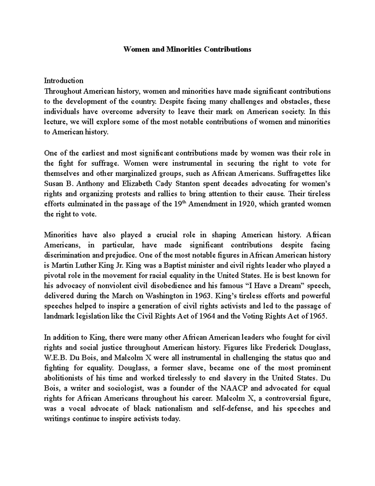 Women and Minorities Contributions - Women and Minorities Contributions ...