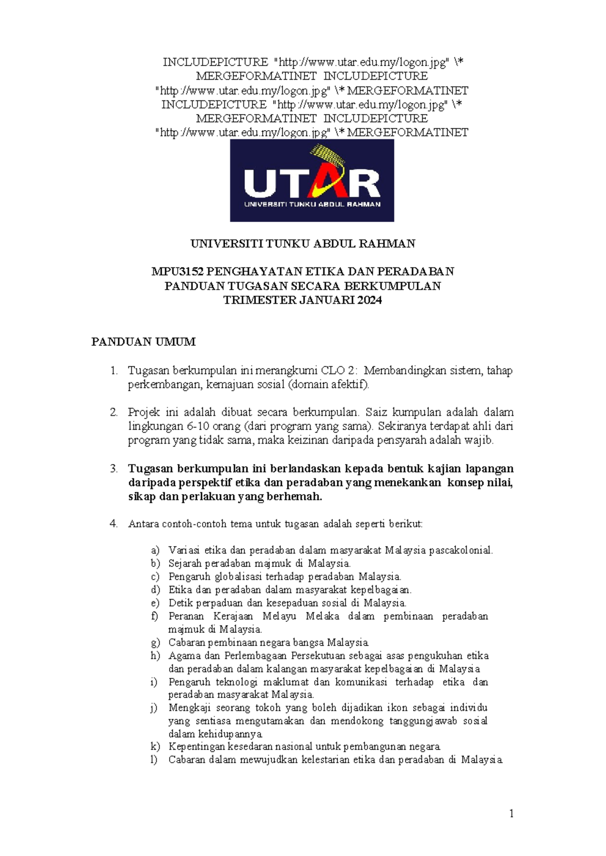 PEP Assignment Guidelines 202401 - INCLUDEPICTURE "utar.edu/logon.jpg ...