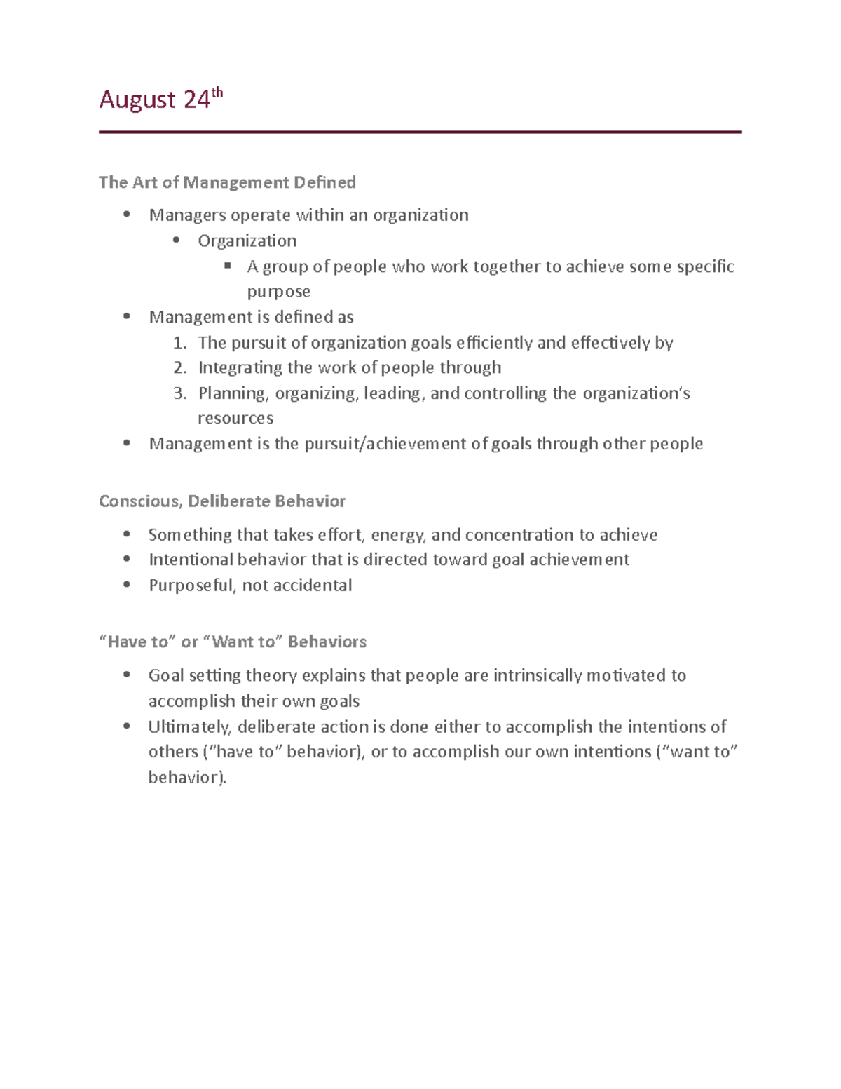 Chapter 1 - Lecture notes 1 - August 24th The Art of Management Defined ...