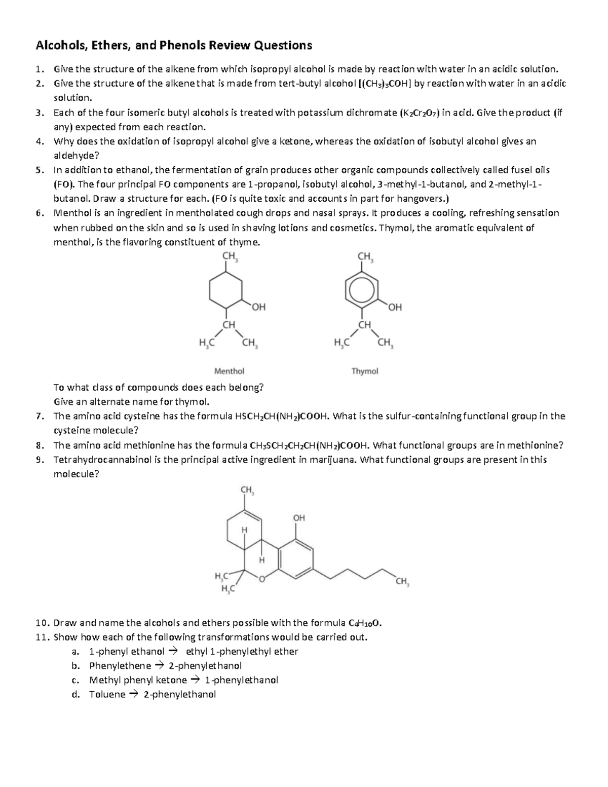 Alcohols plus review questions - Alcohols, Ethers, and Phenols Review ...