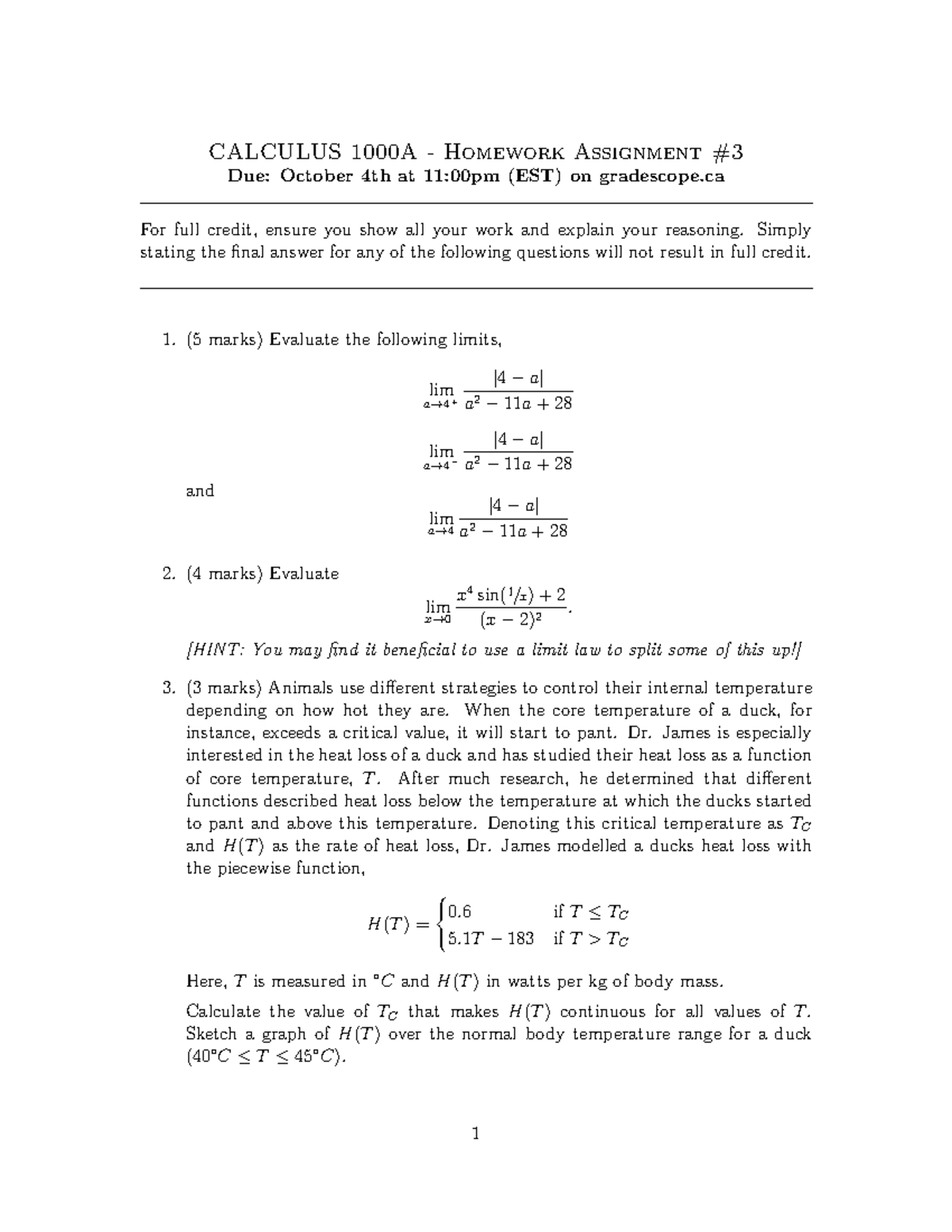 CALC1000A Assignment 3-1 - CALCULUS 1000A - Homework Assignment Due ...