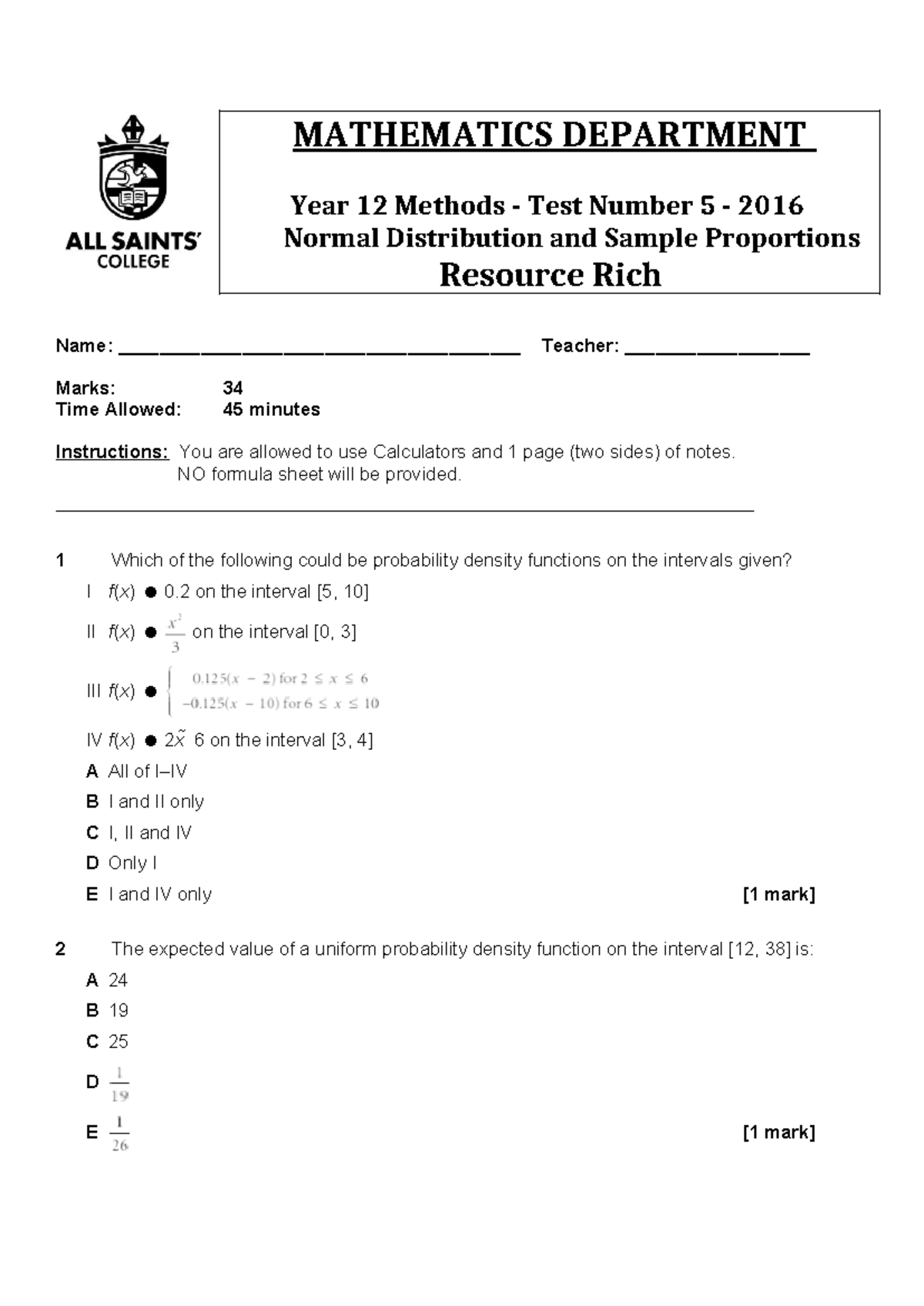 2016 Year 12 Methods Test 5 RR ND and Sample Proportions plus Solutions ...