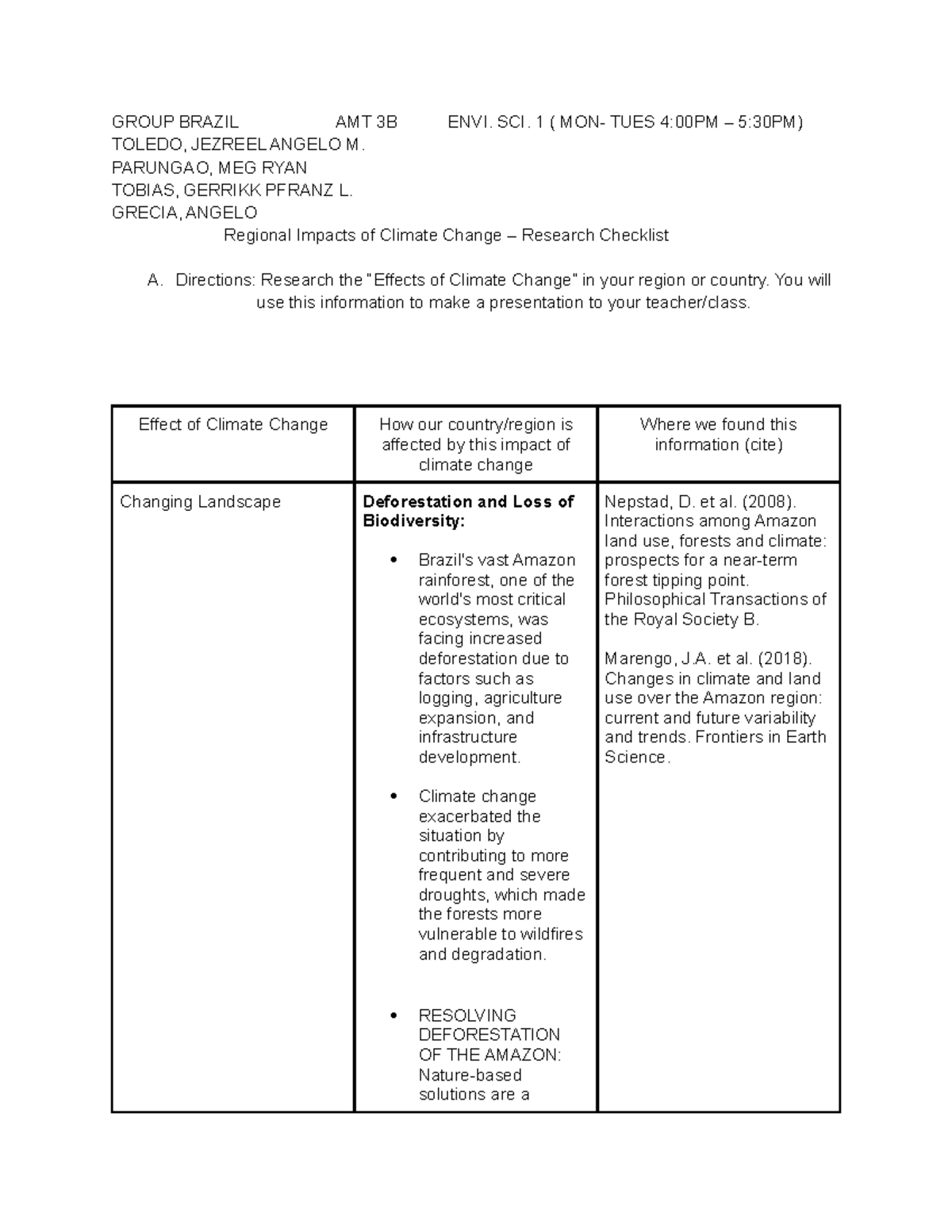 Group Brazil Regional Impacts of Climate Change – Research Checklist ...