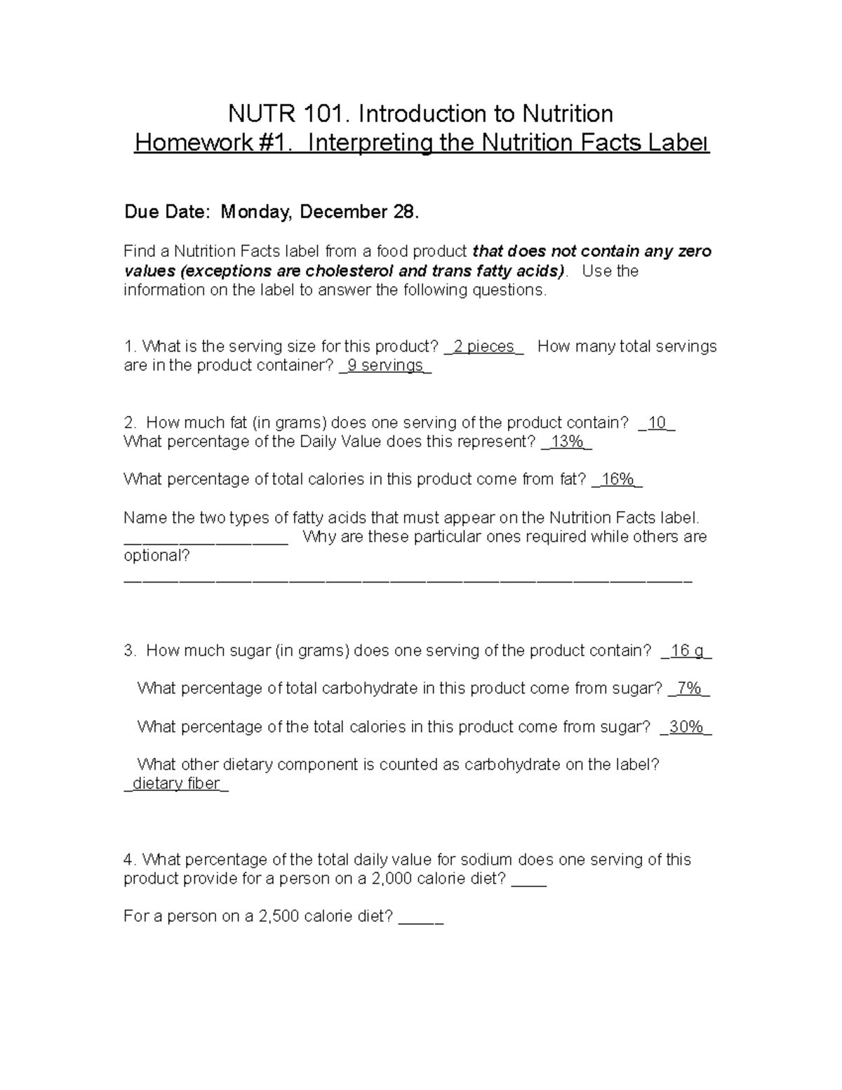 Homework #1 CH 2 - NUTR 101. Introduction to Nutrition Homework #1 ...