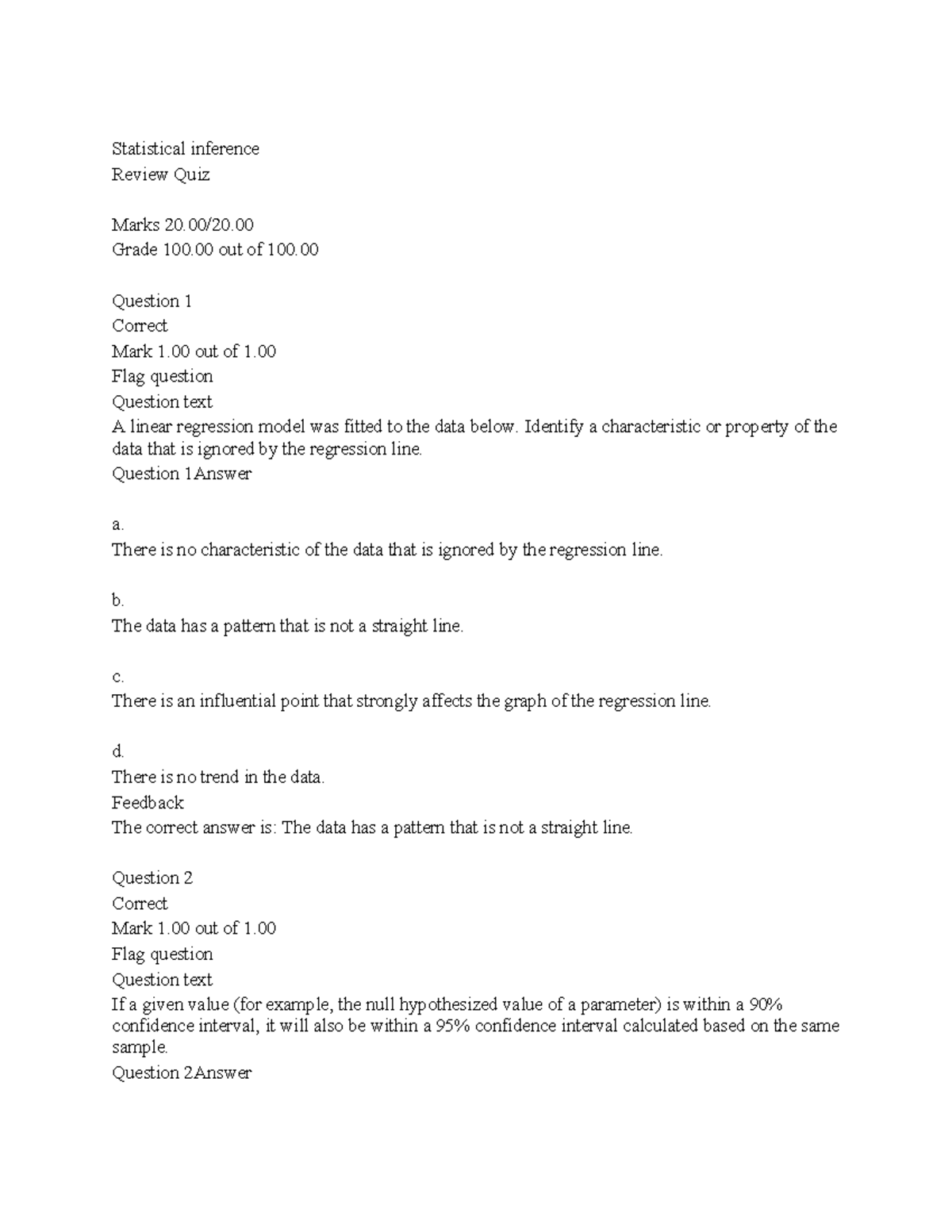 Statistical inference review quiz - Statistical inference Review Quiz Marks 20/20. Grade 100 out ...