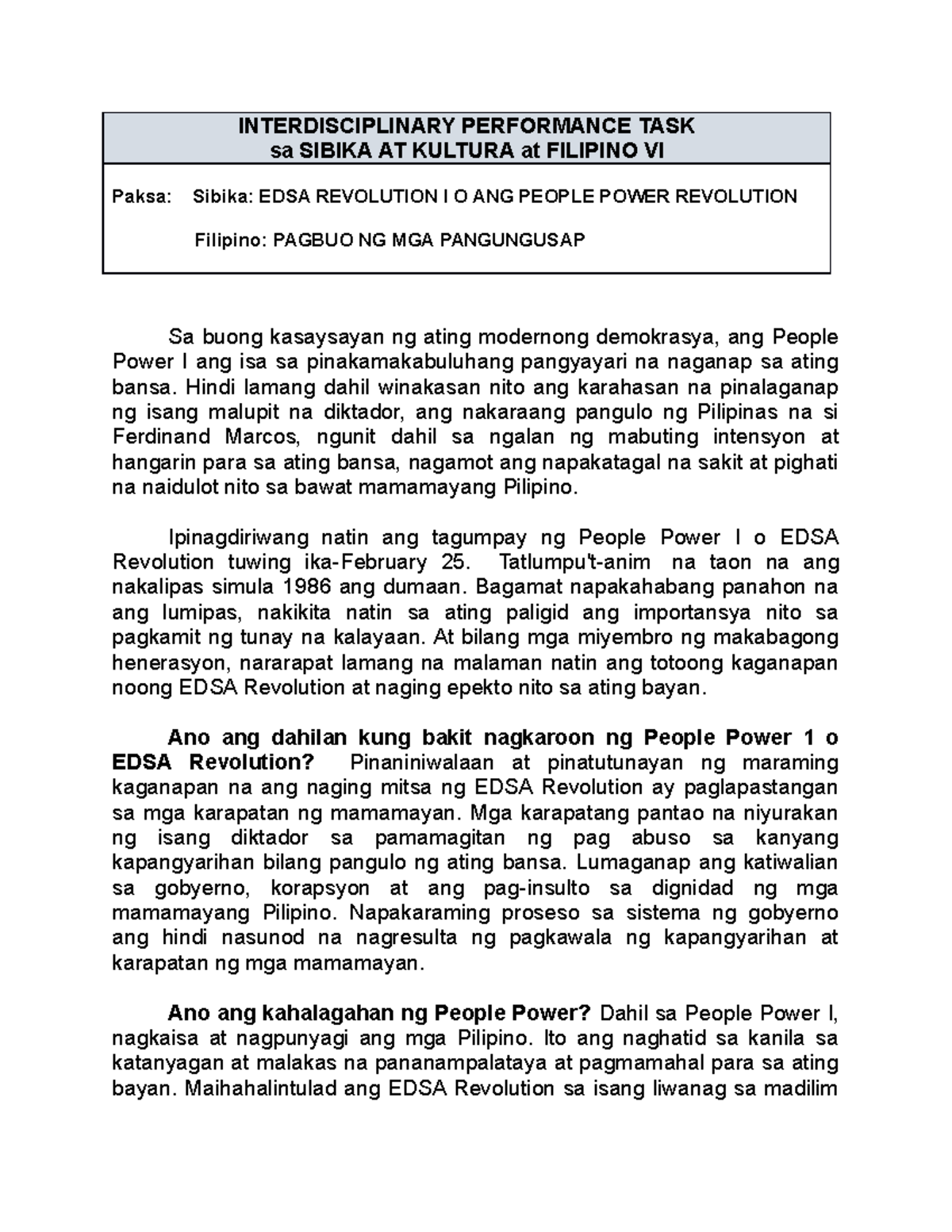 Script - FIL - filipino, talumpati, EDSA REVOLUTION/People Power ...