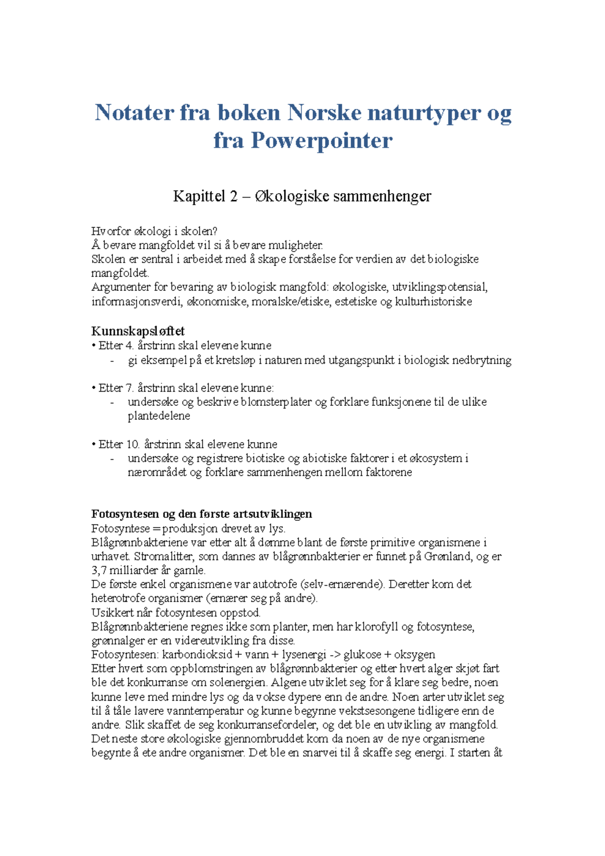 Notater fra boken Norske naturtyper - Skolen er sentral i arbeidet med å skape forståelse for ...