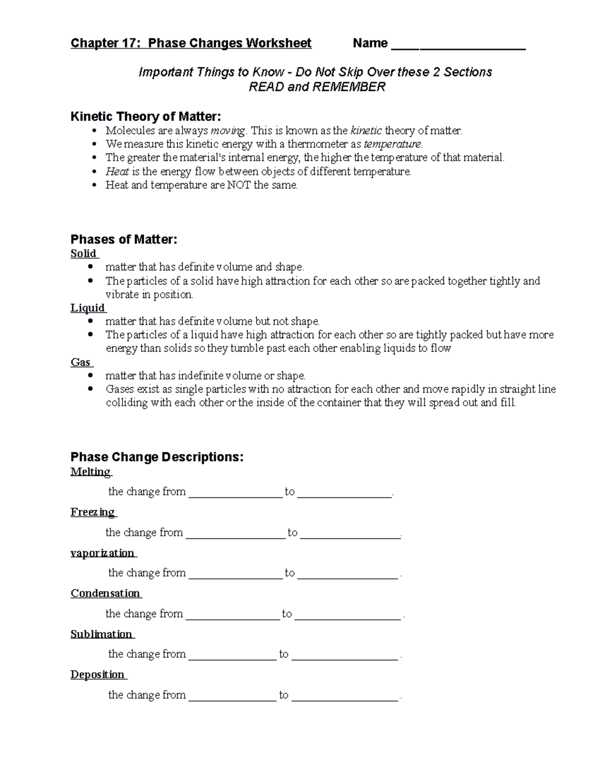 Chapter 17 phase changes worksheet glembocki - Chapter 17: Phase ...