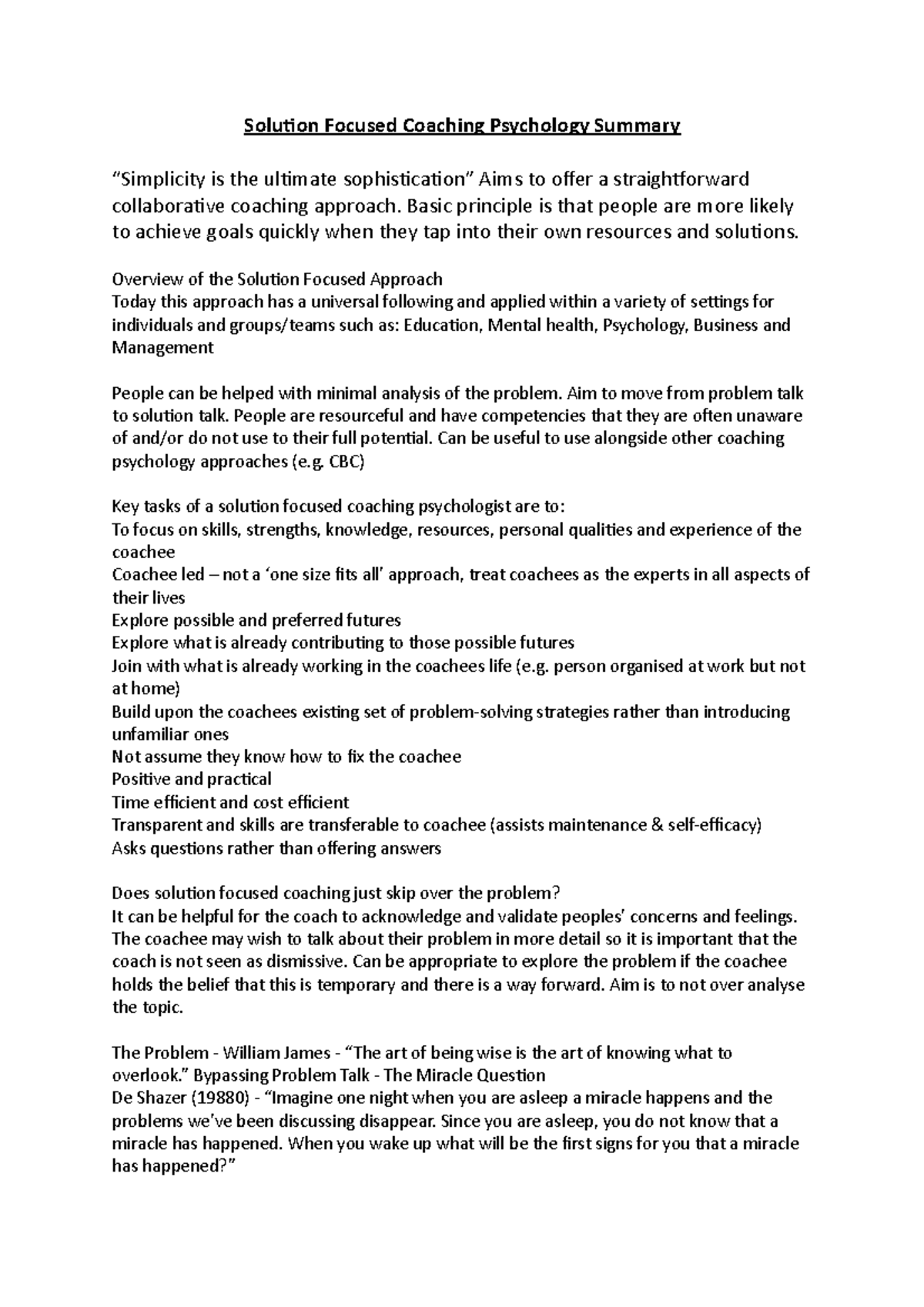 Solution Focused Coaching Psychology Summary - Basic principle is that ...