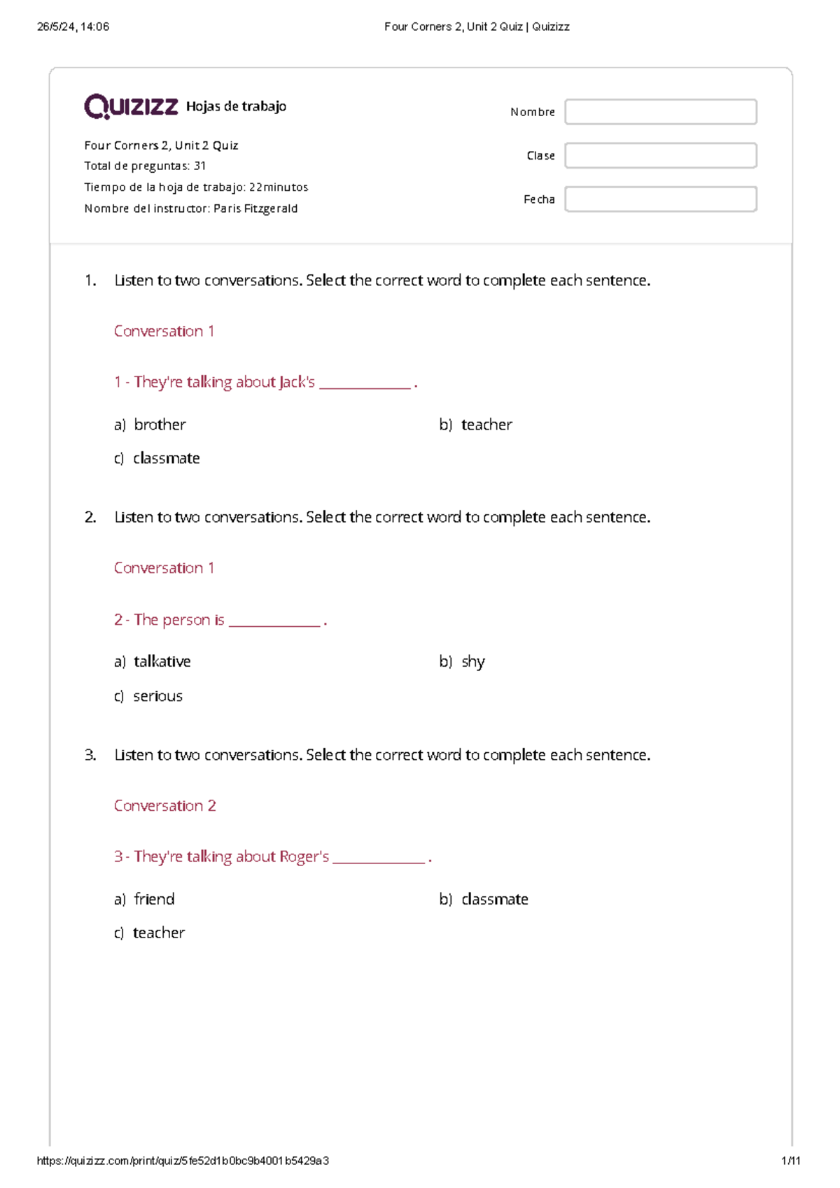 Four Corners 2, Unit 2 Quiz Quizizz Prueba 2 - Hojas de trabajo Four ...