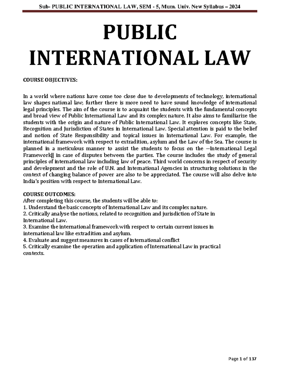 Public International LAW - PUBLIC INTERNATIONAL LAW COURSE OBJECTIVES ...