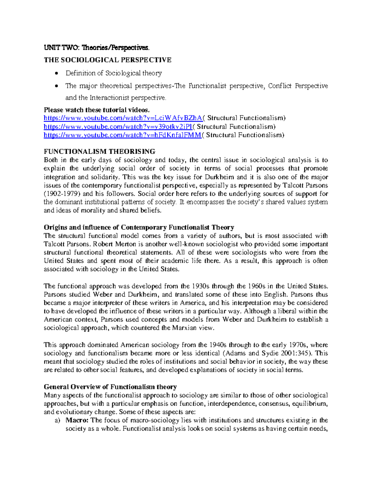 Theories or Perspectives - UNIT TWO: Theories/Perspectives. THE ...