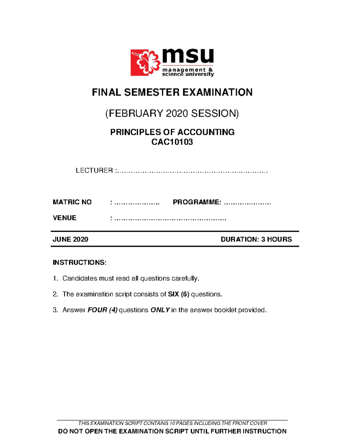 29 - exam last year paper - FINAL SEMESTER EXAMINATION (FEBRUARY 2020 ...