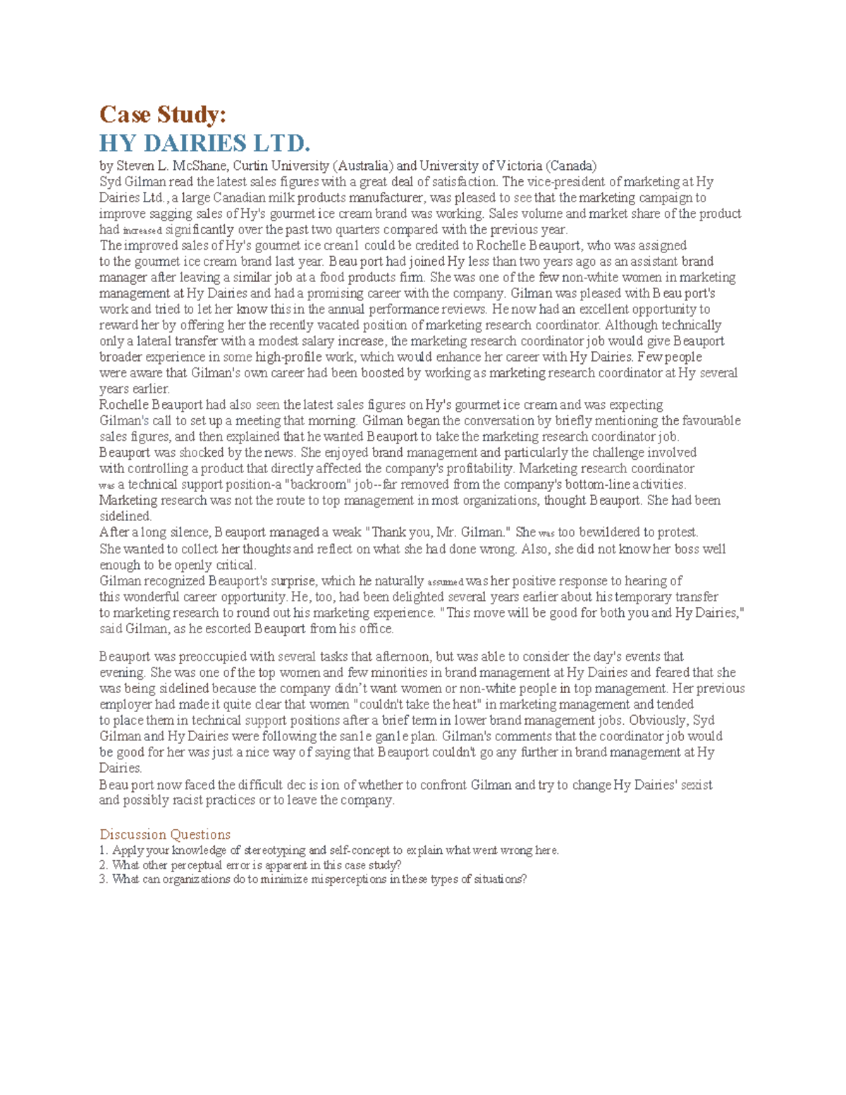 Ch-3 case study - Case Study: HY DAIRIES LTD. by Steven L. McShane, Curtin University (Australia ...