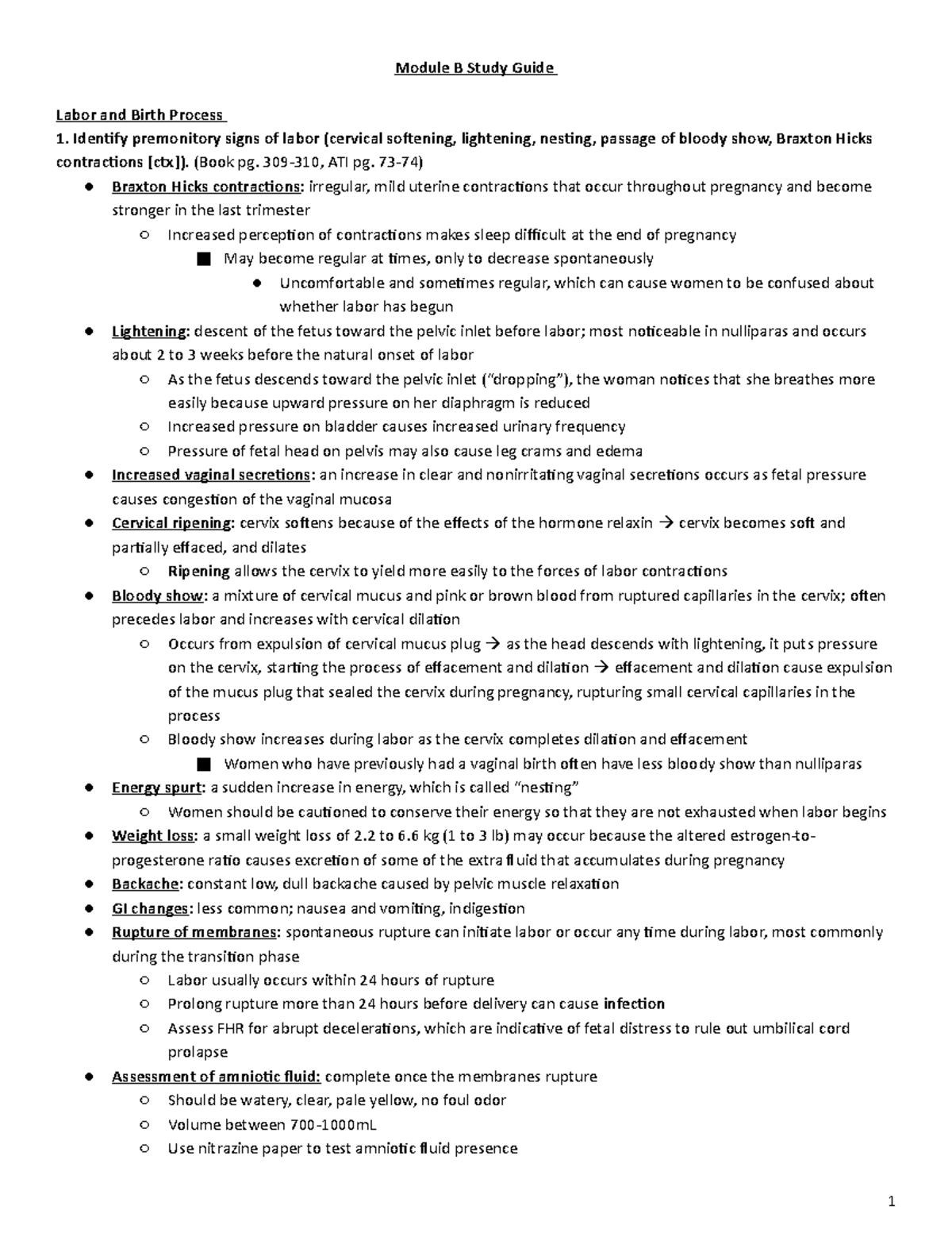 Module B Study Guide - Module B Study Guide **Labor and Birth Process ...