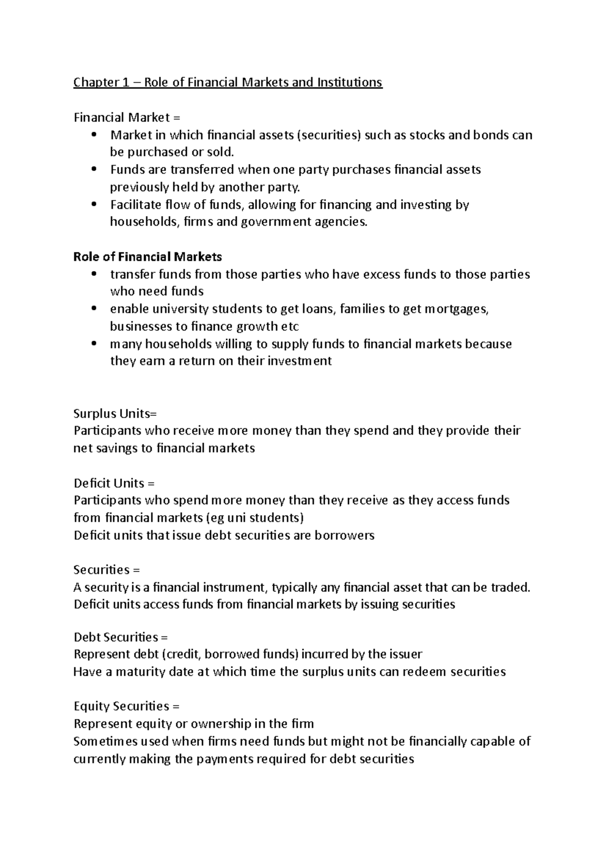 Chapter 1 - Role of Financial Markets and Institutions - Chapter 1 ...
