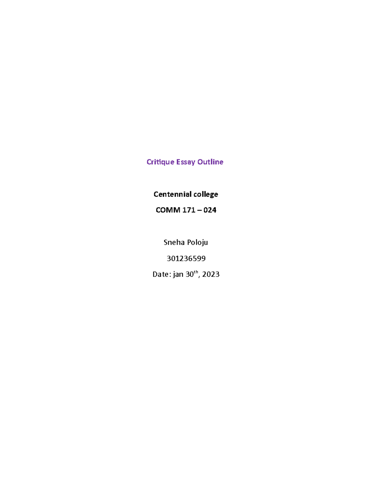Critique Essay Outline Template 369 - Critique Essay Outline Centennial ...