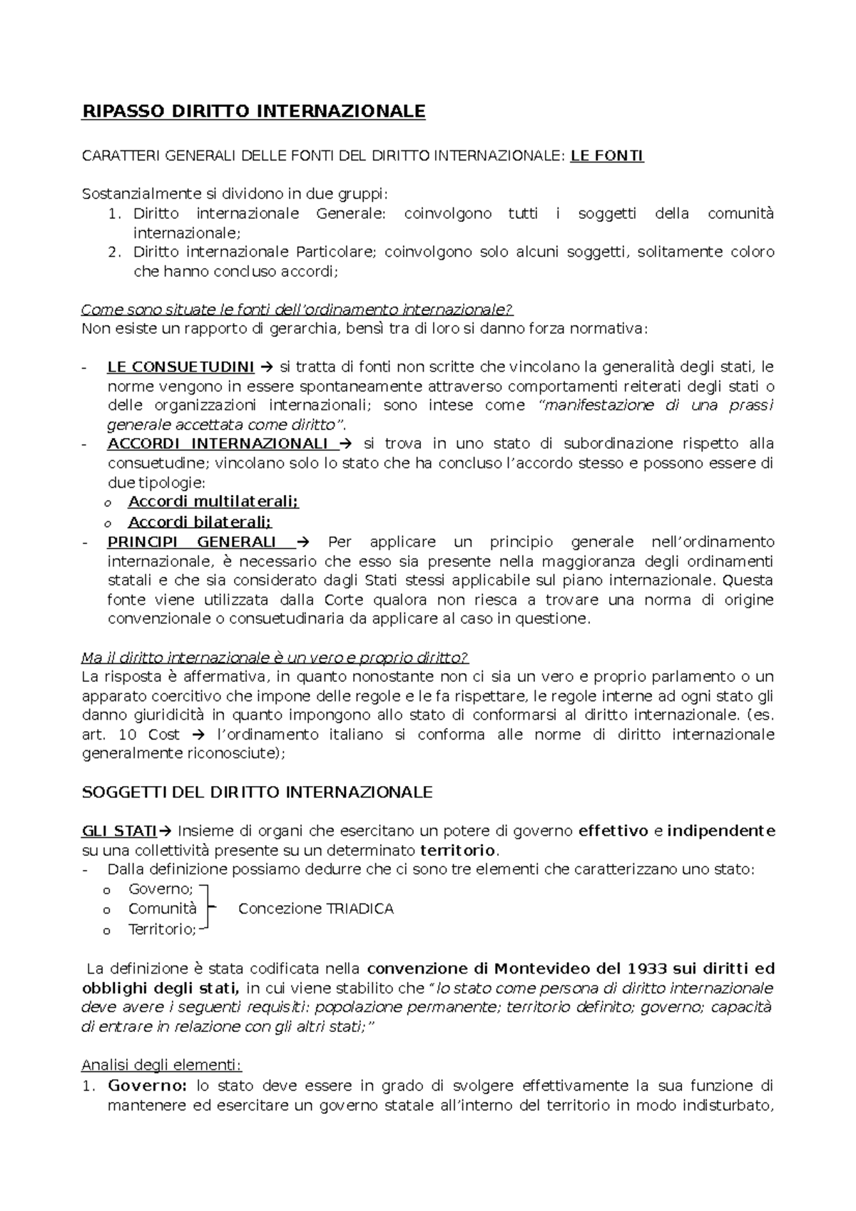 Ripasso Diritto Internazionale - RIPASSO DIRITTO INTERNAZIONALE CARATTERI GENERALI DELLE FONTI ...