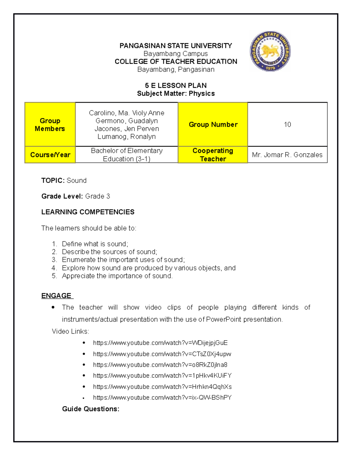 5E Lesson PLAN Group 10 - Good - PANGASINAN STATE UNIVERSITY Bayambang ...