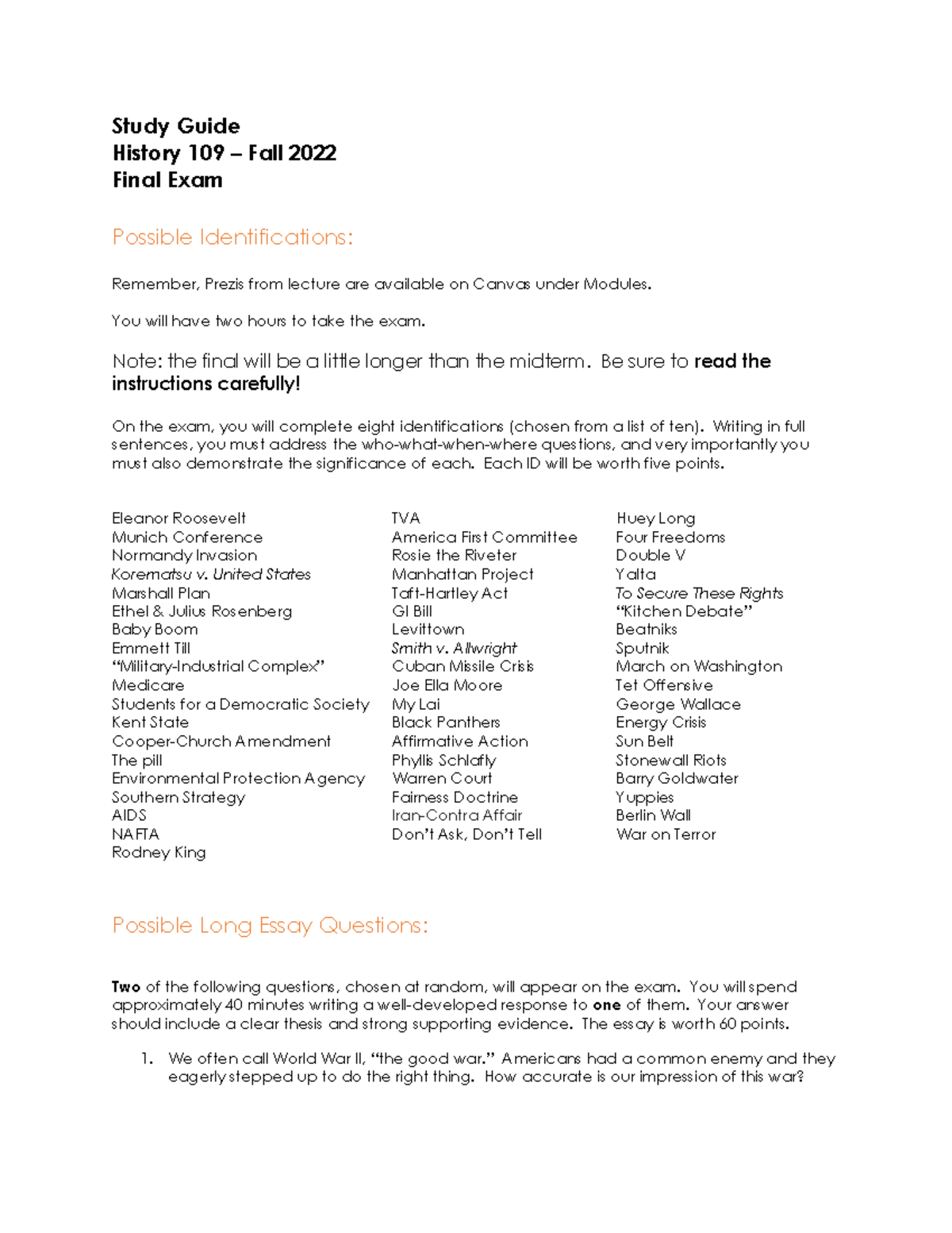 Study Guide - final - Study Guide History 109 – Fall 2022 Final Exam ...