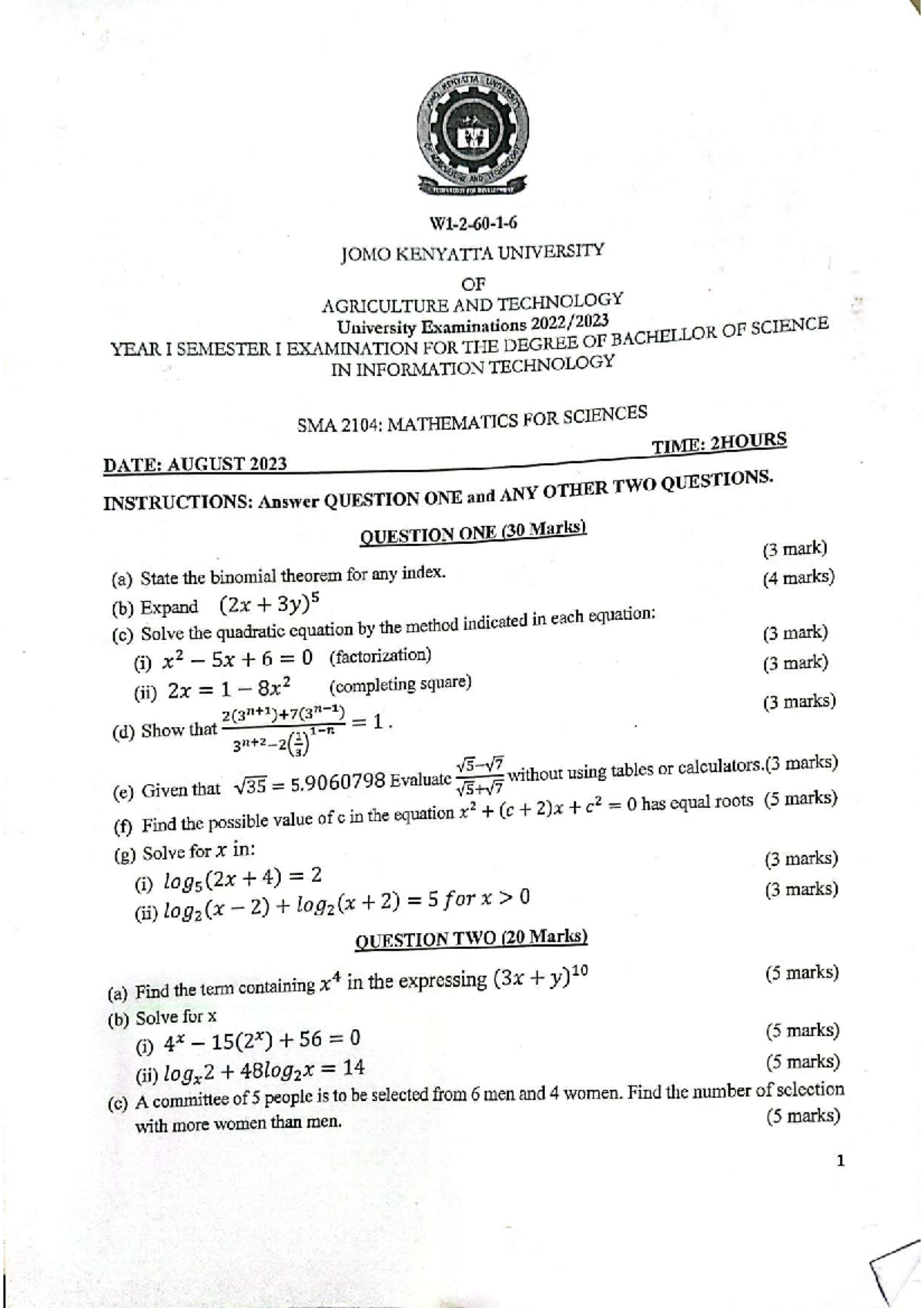 Mathematics for science - Information Technology - Studocu