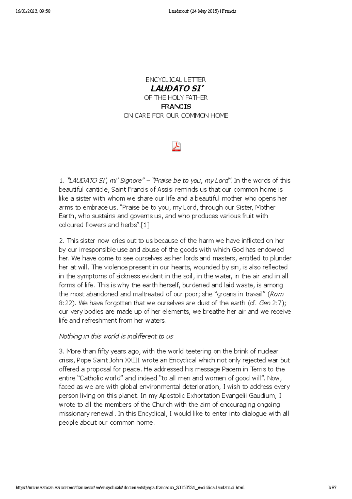 Laudato si' (24 May 2015 ) Francis - ENCYCLICAL LETTER LAUDATO SI’ OF ...