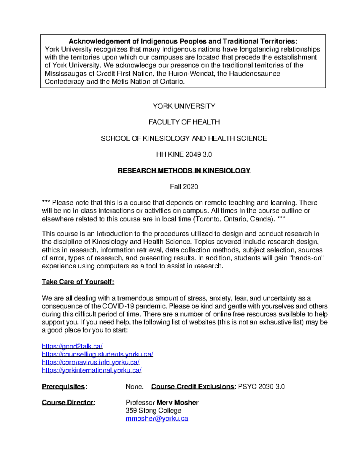 Course Syllabus for KINE 2049 2020/2021 - YORK UNIVERSITY FACULTY OF HEALTH SCHOOL OF ...