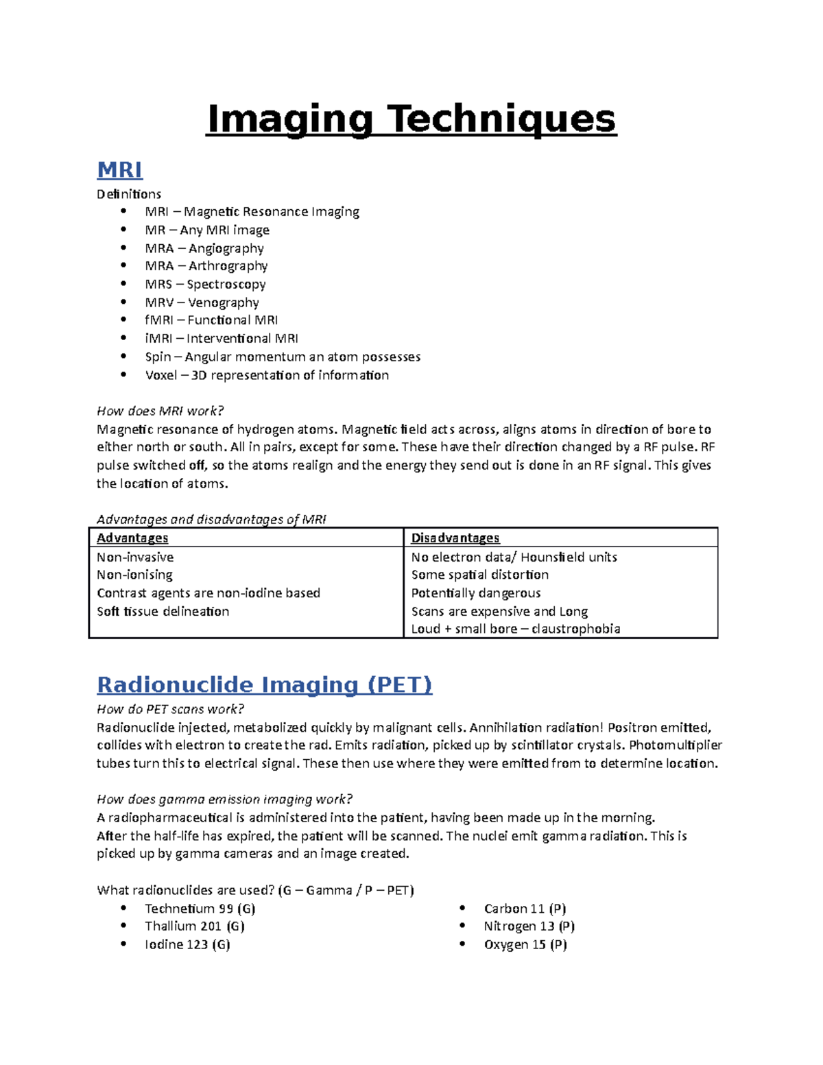 CT & MRI worksheet - Imaging Techniques MRI Definitions MRI – Magnetic ...
