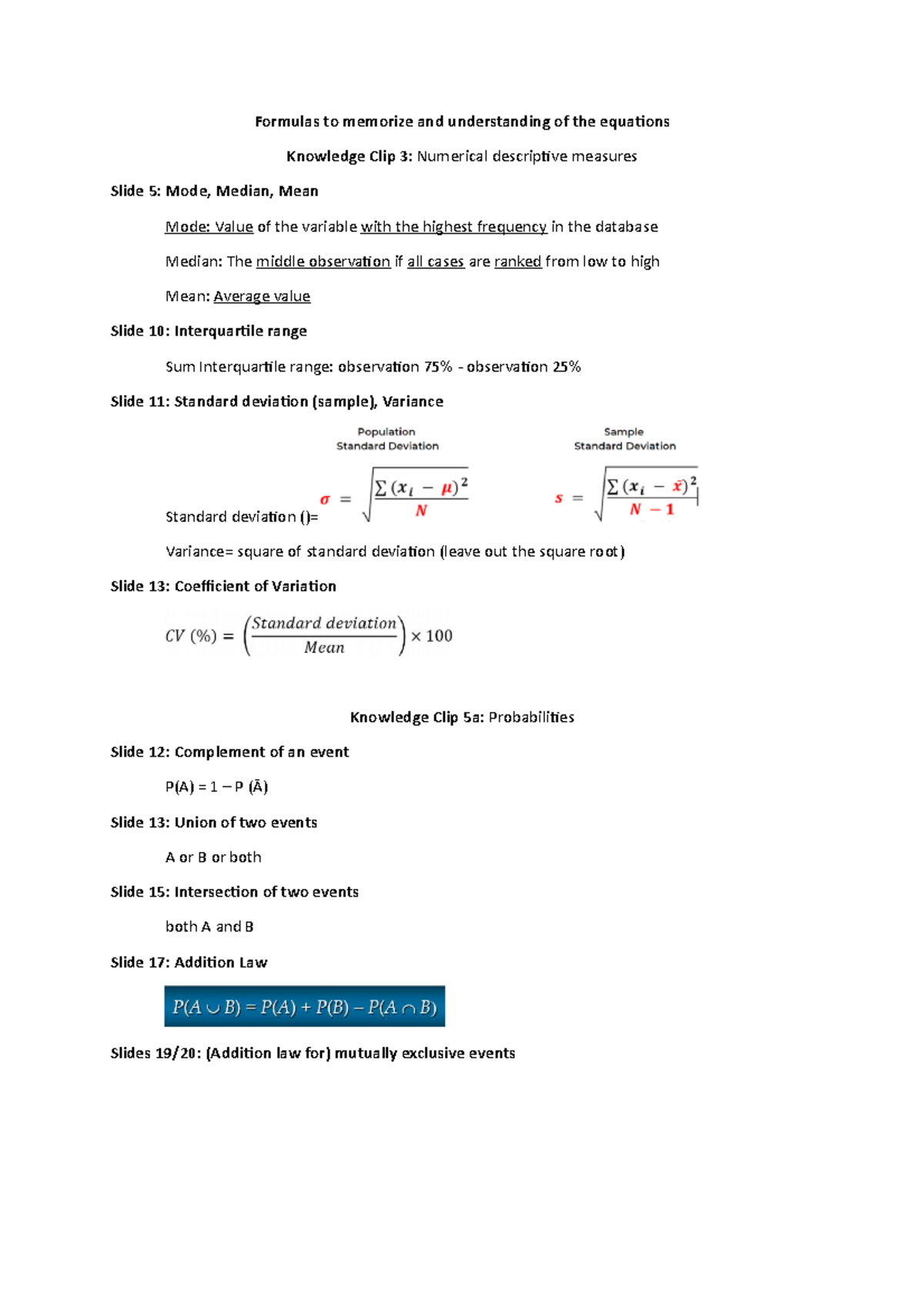 Formulas to memorize and understanding of the equations - Studeersnel