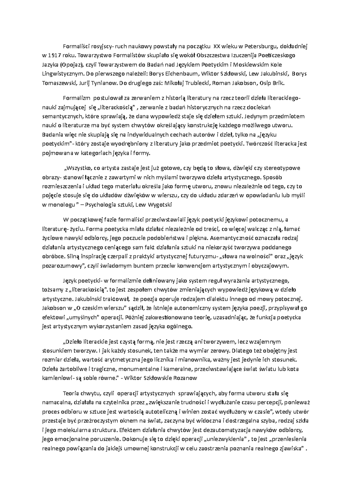 Formalizm - Formaliści rosyjscy- ruch naukowy powstały na początku XX ...