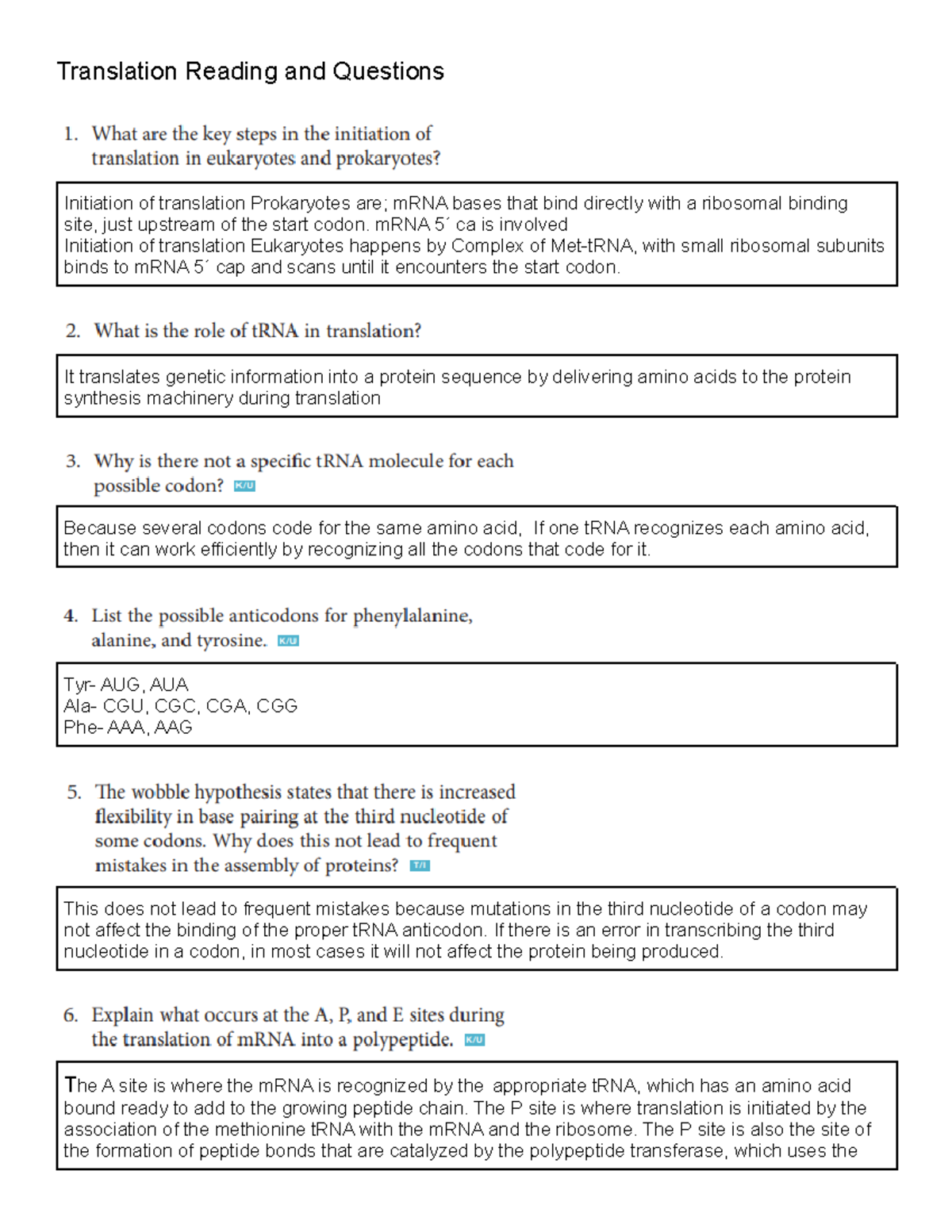 Translation Reading and Questions - Translation Reading and Questions ...