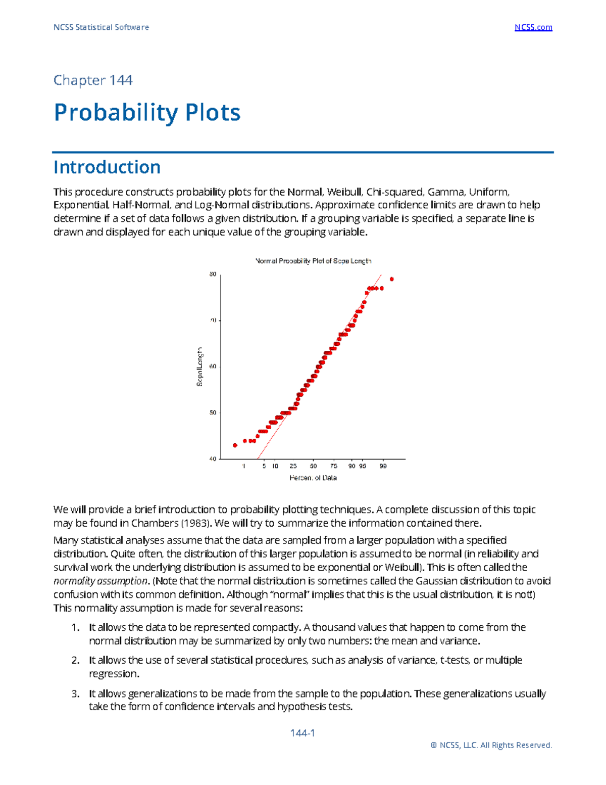 Probability Plots - 144- Chapter 144 Probability Plots Introduction This procedure constructs ...