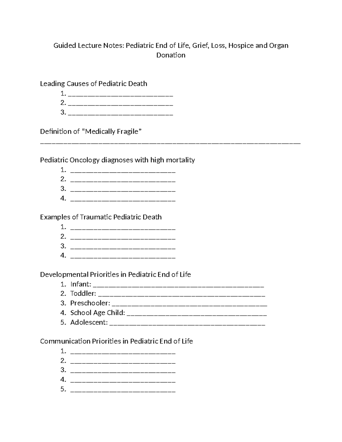 Guided Lecture Notes Grief and Loss - Guided Lecture Notes: Pediatric ...