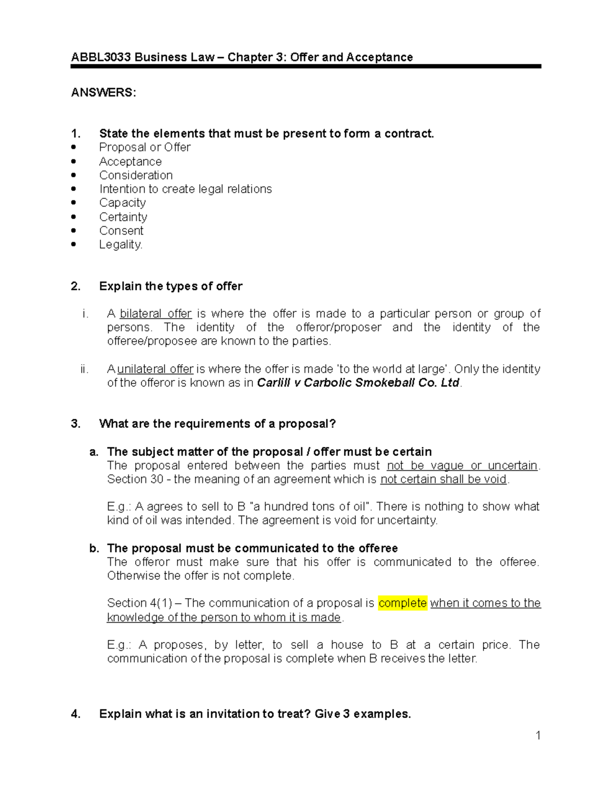 Tutorial 3 Offer Acceptance A ANSWERS 1 State The Elements tutorial-3-offer-acceptance-a-answers-1-state-the-elements