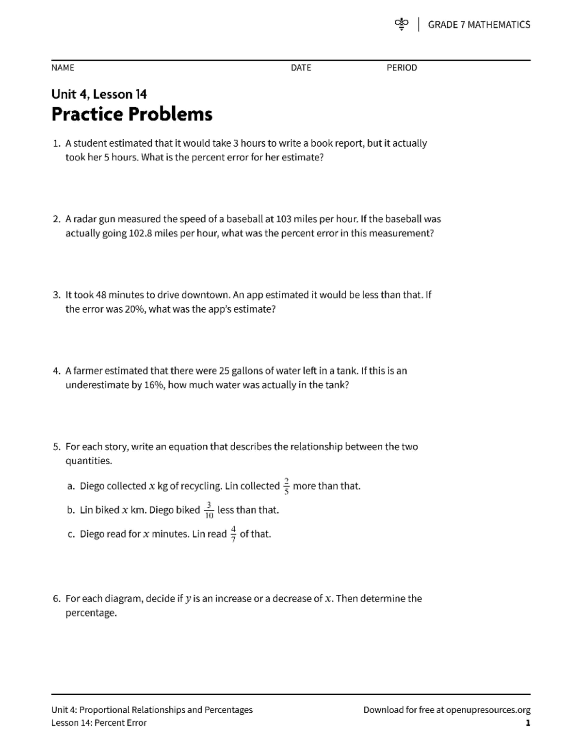 Grade 7, Unit 4.14 Practice Problems - Open Up Resources - Studocu