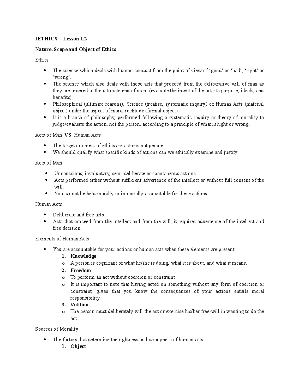 Iethics-Nature Scope & Object of Ethics - IETHICS – Lesson 1. Nature ...