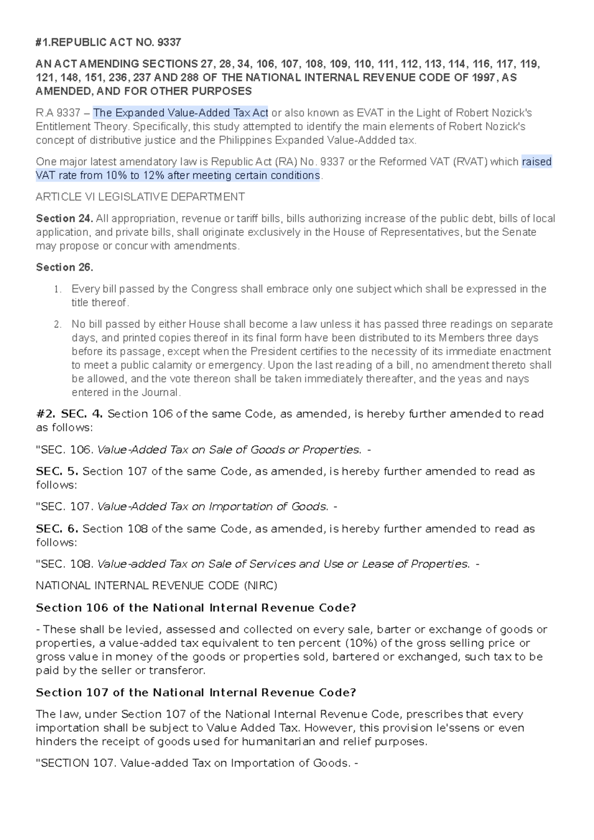 R.A 9337 - constitution - #1 ACT NO. 9337 AN ACT AMENDING SECTIONS 27 ...