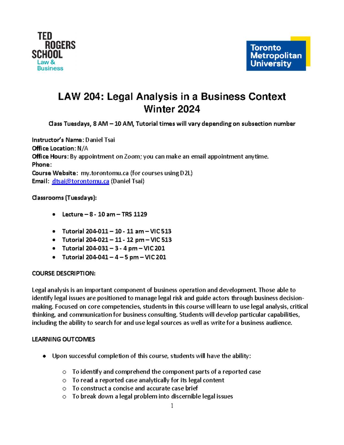 Law 204 Syllabus Winter 2024-D Tsai Updated January 16 2024 - LAW 204 ...