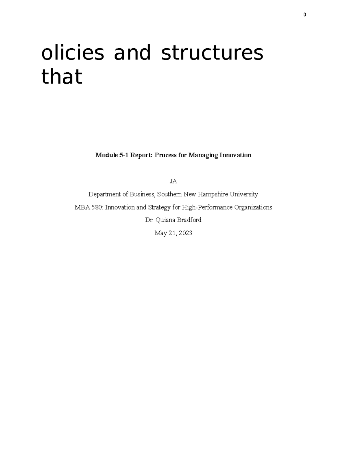 MBA 580 5-1 Report Process for Managing Innovation-ja - MBA 580 - SNHU ...
